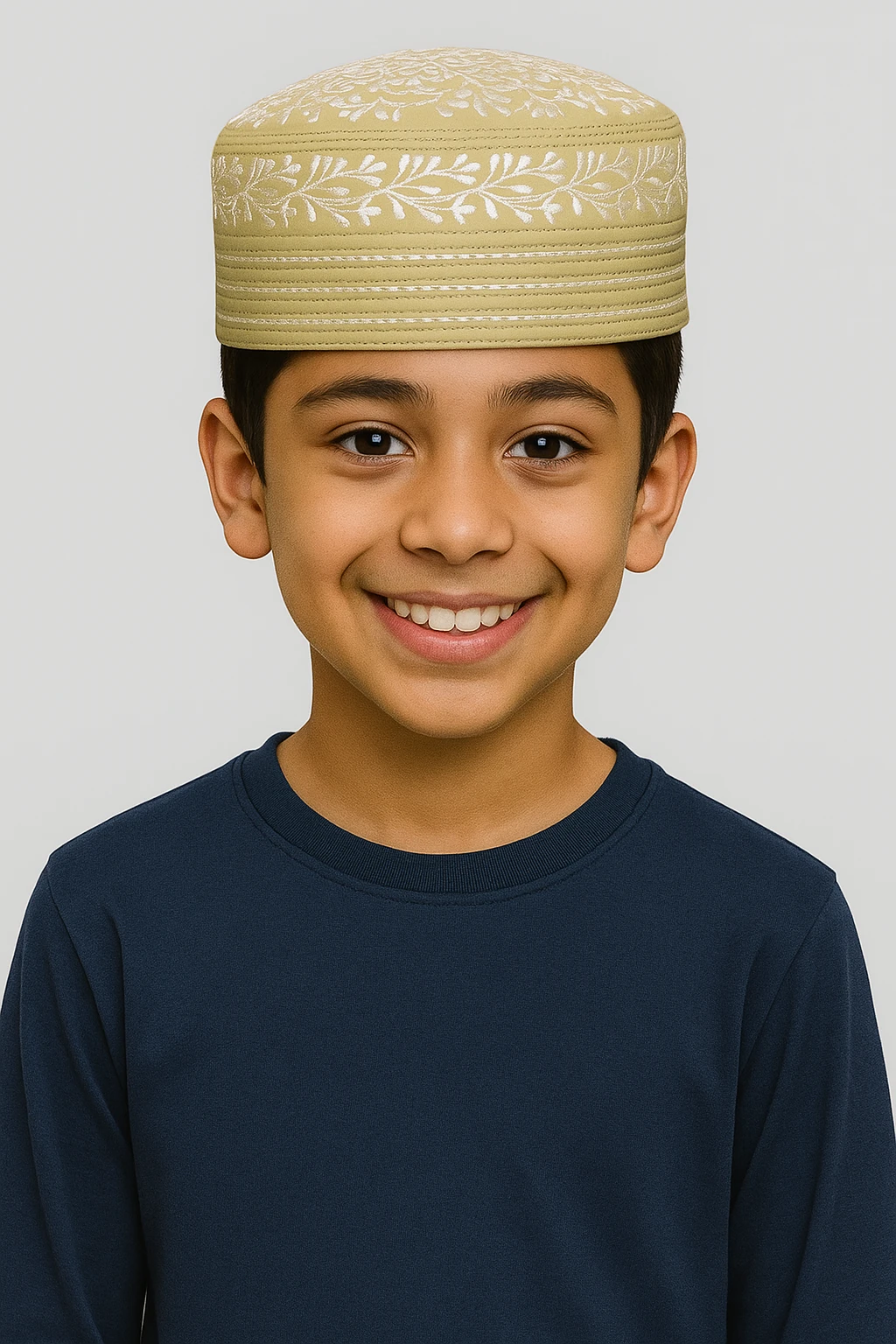Premium Embroidered Islamic Prayer Cap – Elegant Beige Topi for Men