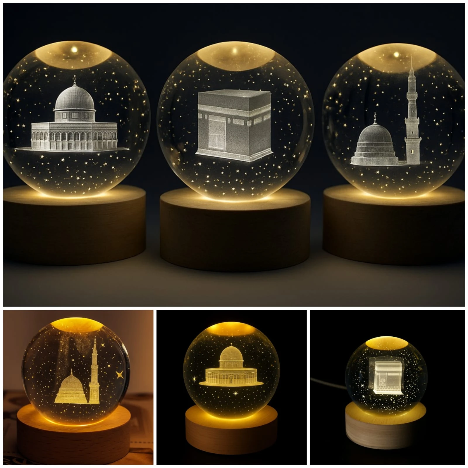 Islamic Crystal LED Globe Lamp – Kaaba, Masjid Nabawi & Dome of the ...